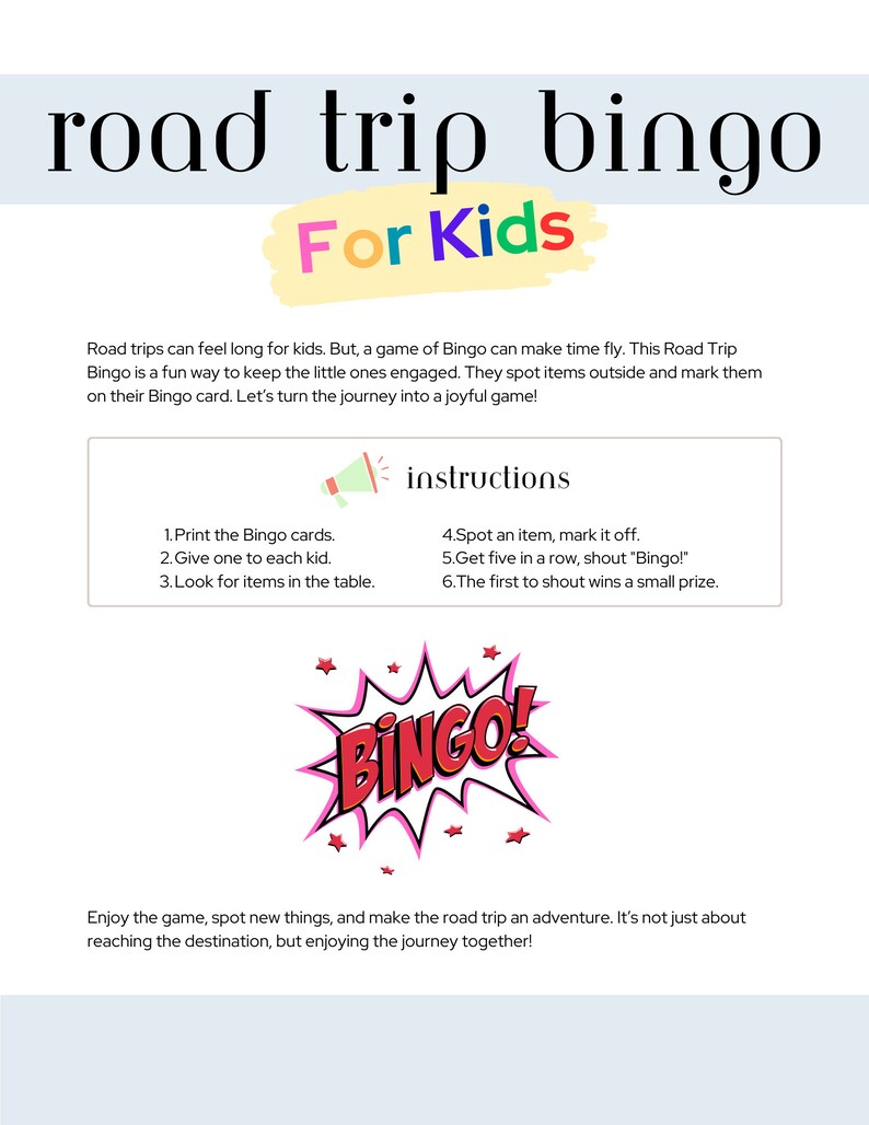 Printable Road Trip Bingo | Kids Road Trip Games Printable | Printable ...
