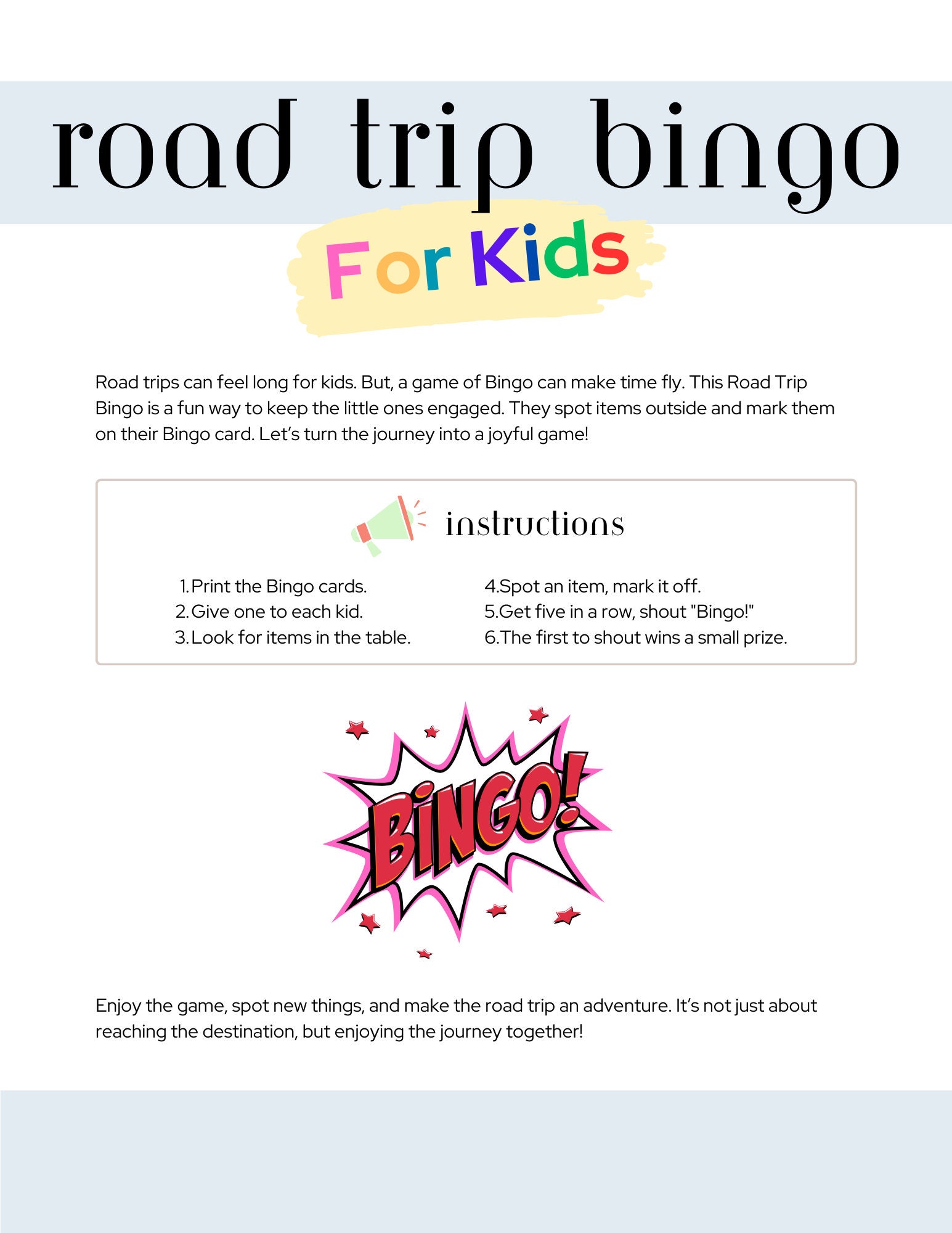 Printable Road Trip Bingo | Kids Road Trip Games Printable | Printable ...
