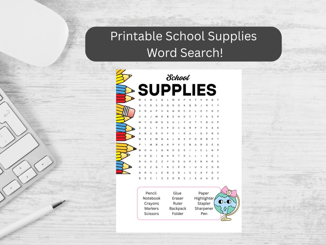 School Supply Word Search Puzzle: Printable Classroom Activity (PDF ...