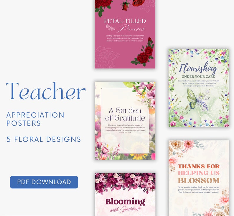 Floral Teacher Appreciation Posters: Set of 5 (digital Download) - Etsy