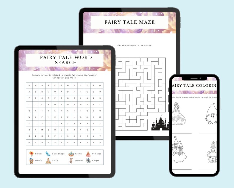 Fairy Tale Kids Activities: Word Search, Maze, Coloring (printable PDF ...