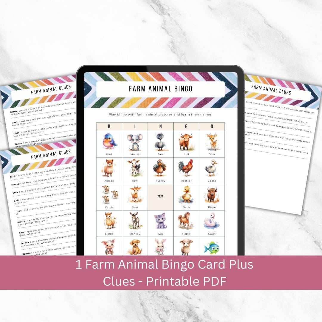 1 Printable Farm Animal Bingo Card With Clues, Printable Barnyard Game ...