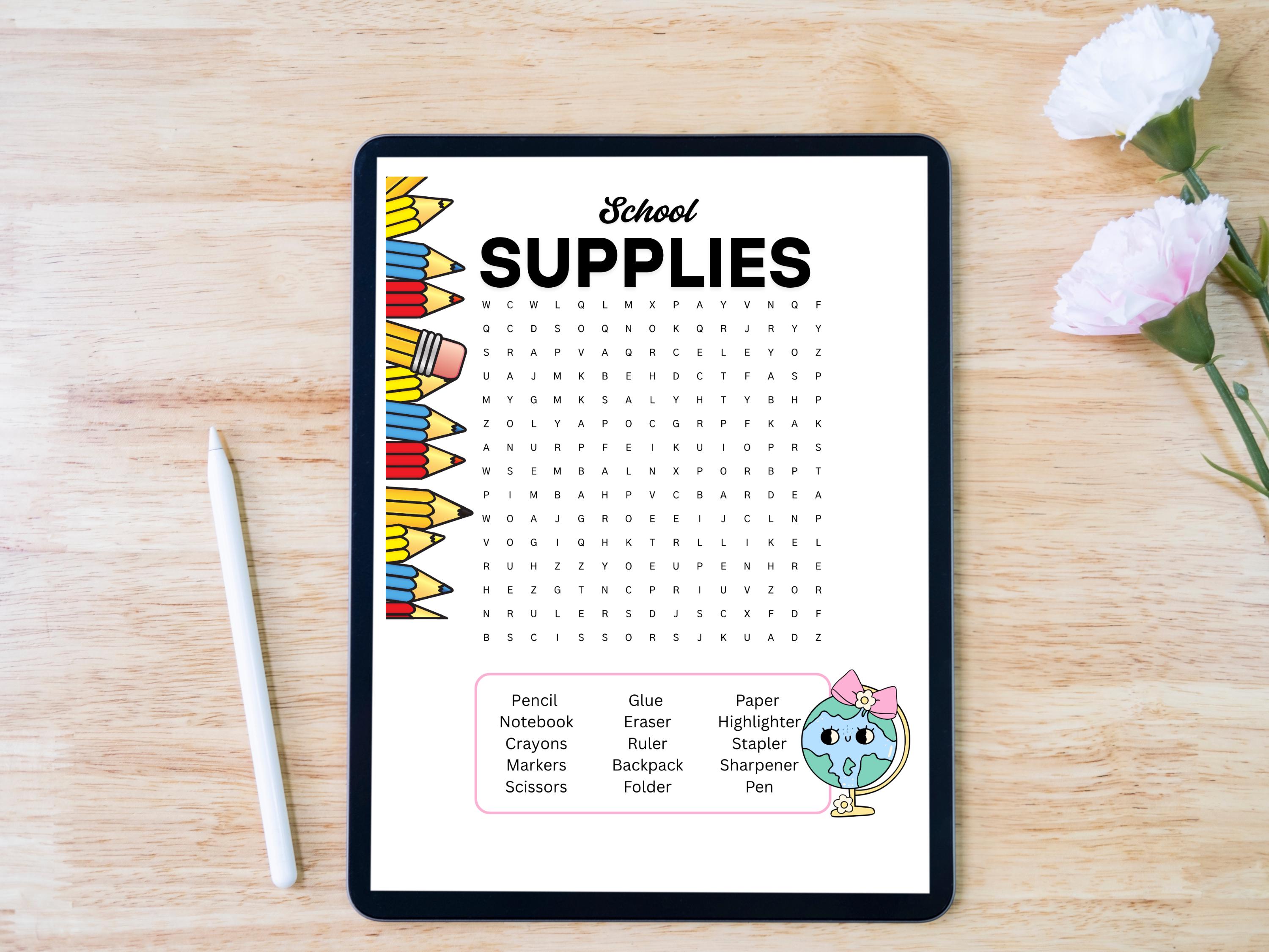 School Supply Word Search Puzzle: Printable Classroom Activity (PDF ...