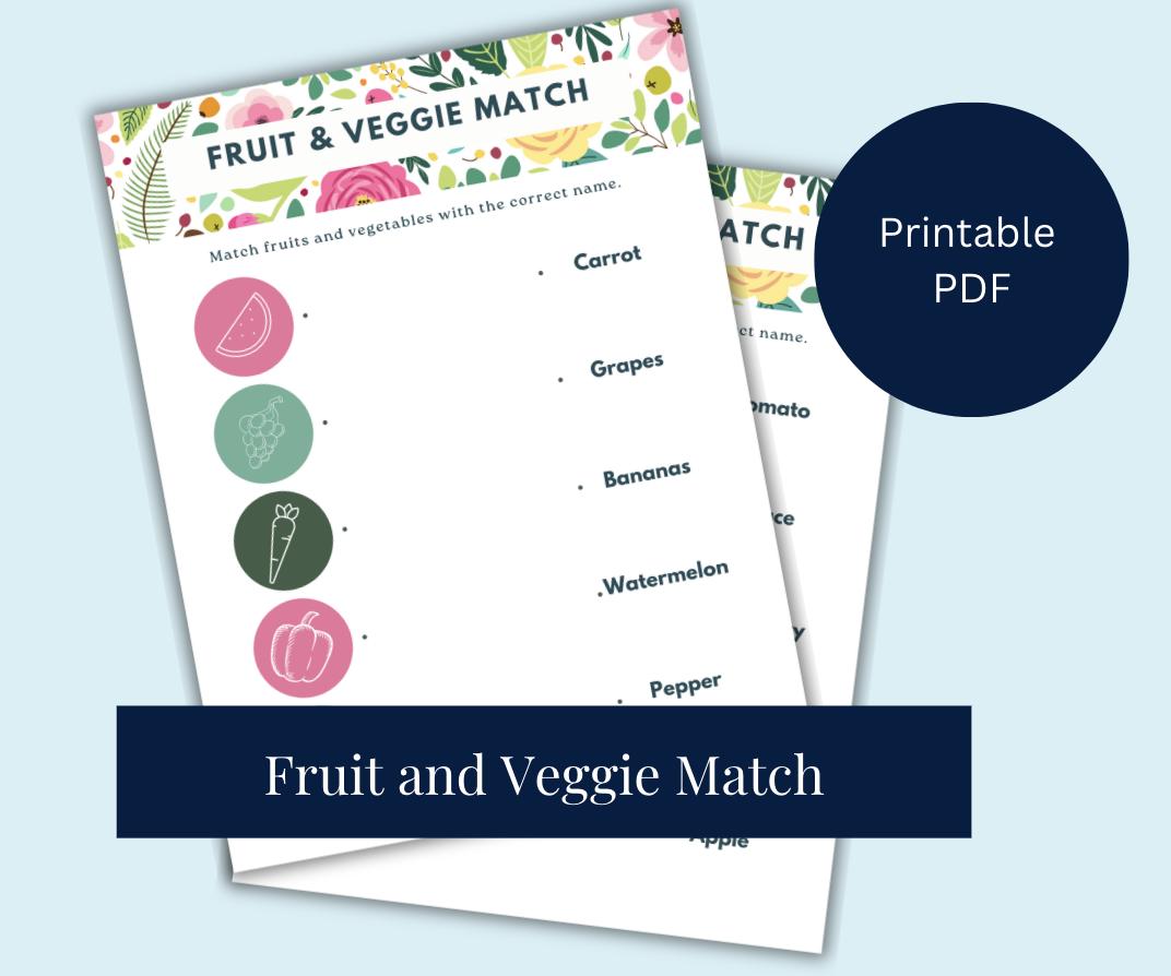 Fruit and Veggie Matching Worksheet | Printable PDF Matching for Kids ...