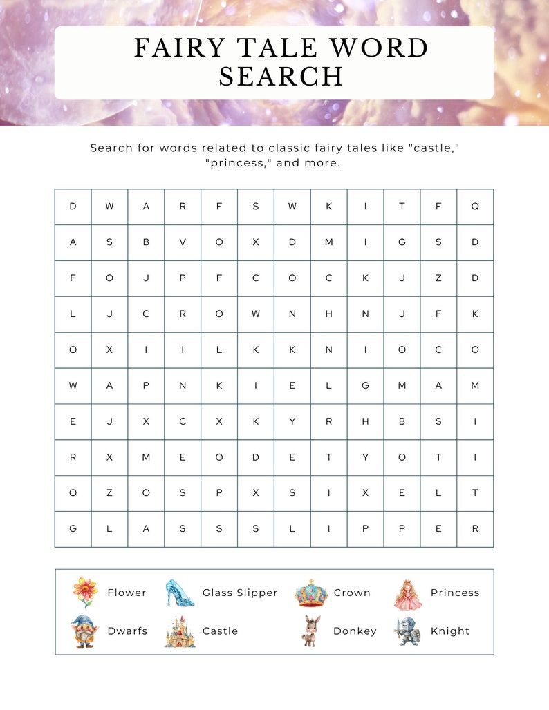 Fairy Tale Kids Activities: Word Search, Maze, Coloring (printable PDF ...