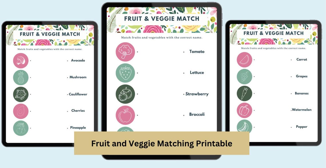 Fruit and Veggie Matching Worksheet | Printable PDF Matching for Kids ...