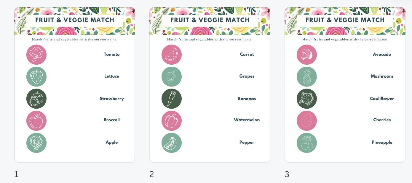 Fruit and Veggie Matching Worksheet | Printable PDF Matching for Kids ...