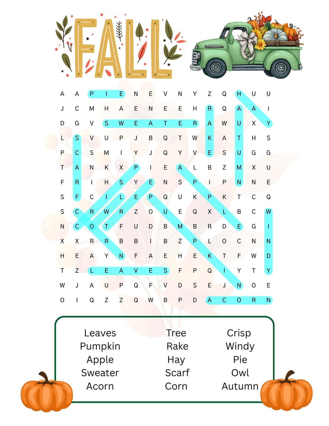 Fall Word Search Puzzle: Autumn Activity for Kids (PDF Download) - Etsy