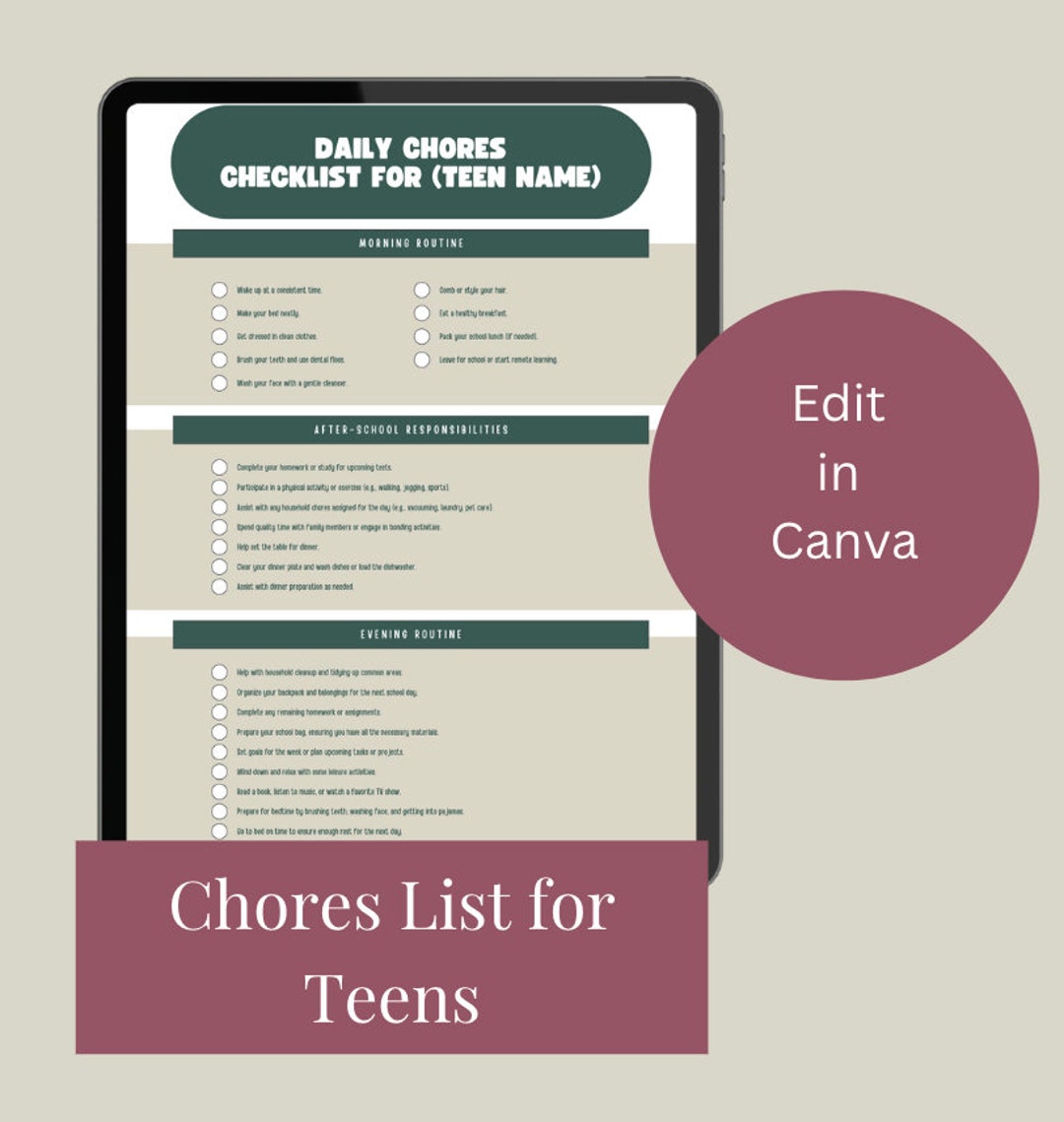 Kids Teens Daily Tasks | Chore Chart Template | Printable Template for ...