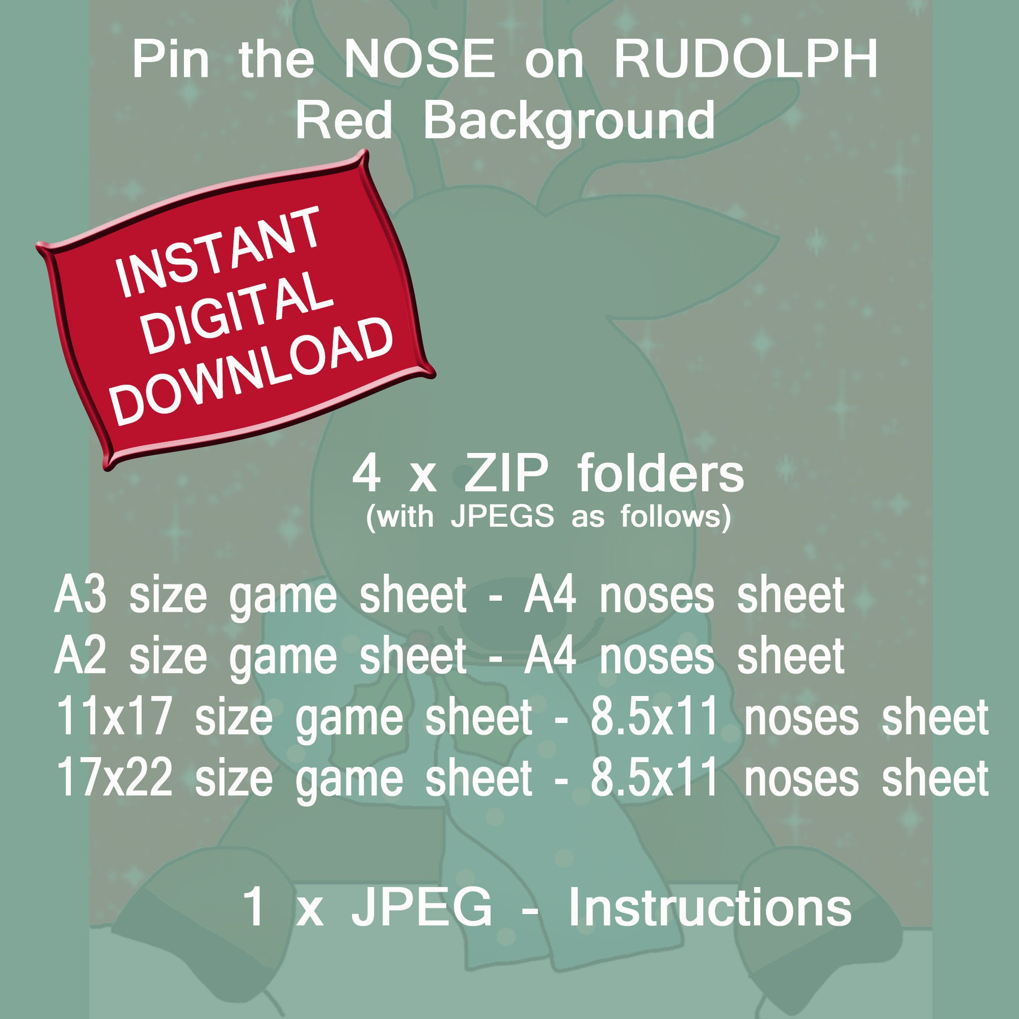 Pin the Nose on Rudolf Printable Game, Pin the Nose on Rudolph, INSTANT ...