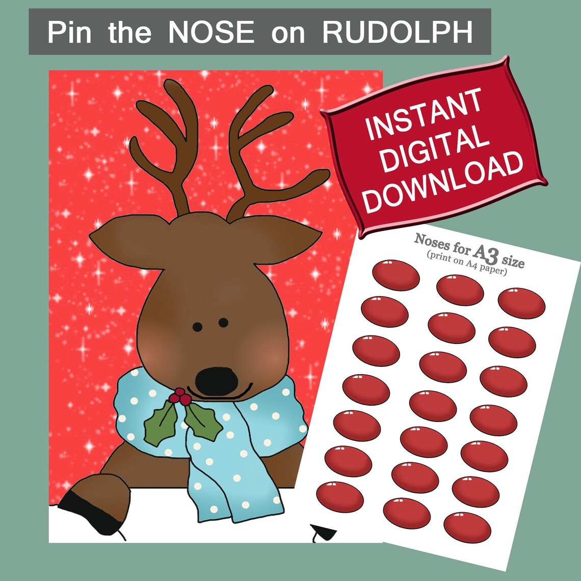 Pin the Nose on Rudolf Printable Game, Pin the Nose on Rudolph, INSTANT ...