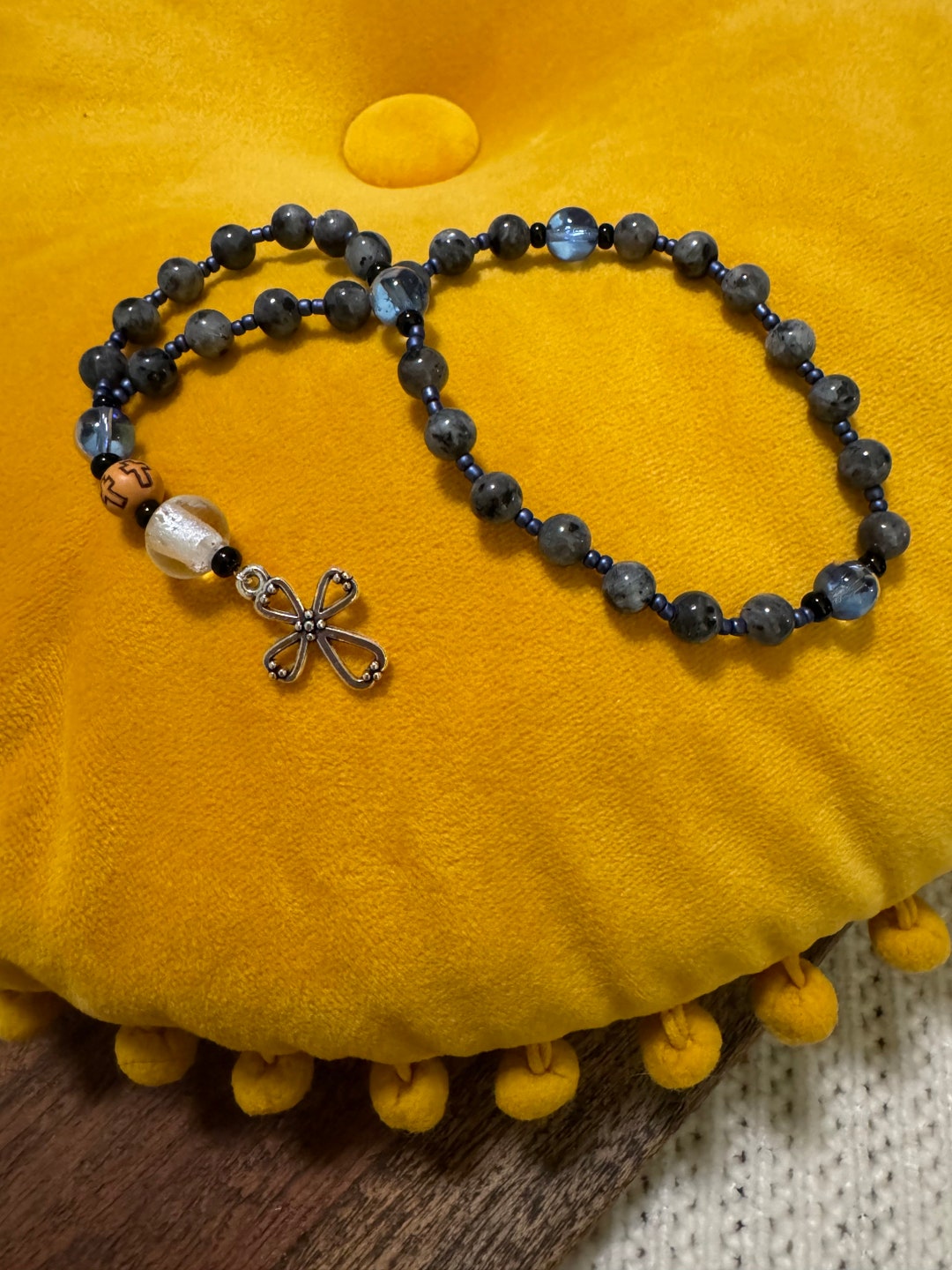 Christian Prayer Beads Natural Larvakite Gemstone Beads With Blue ...