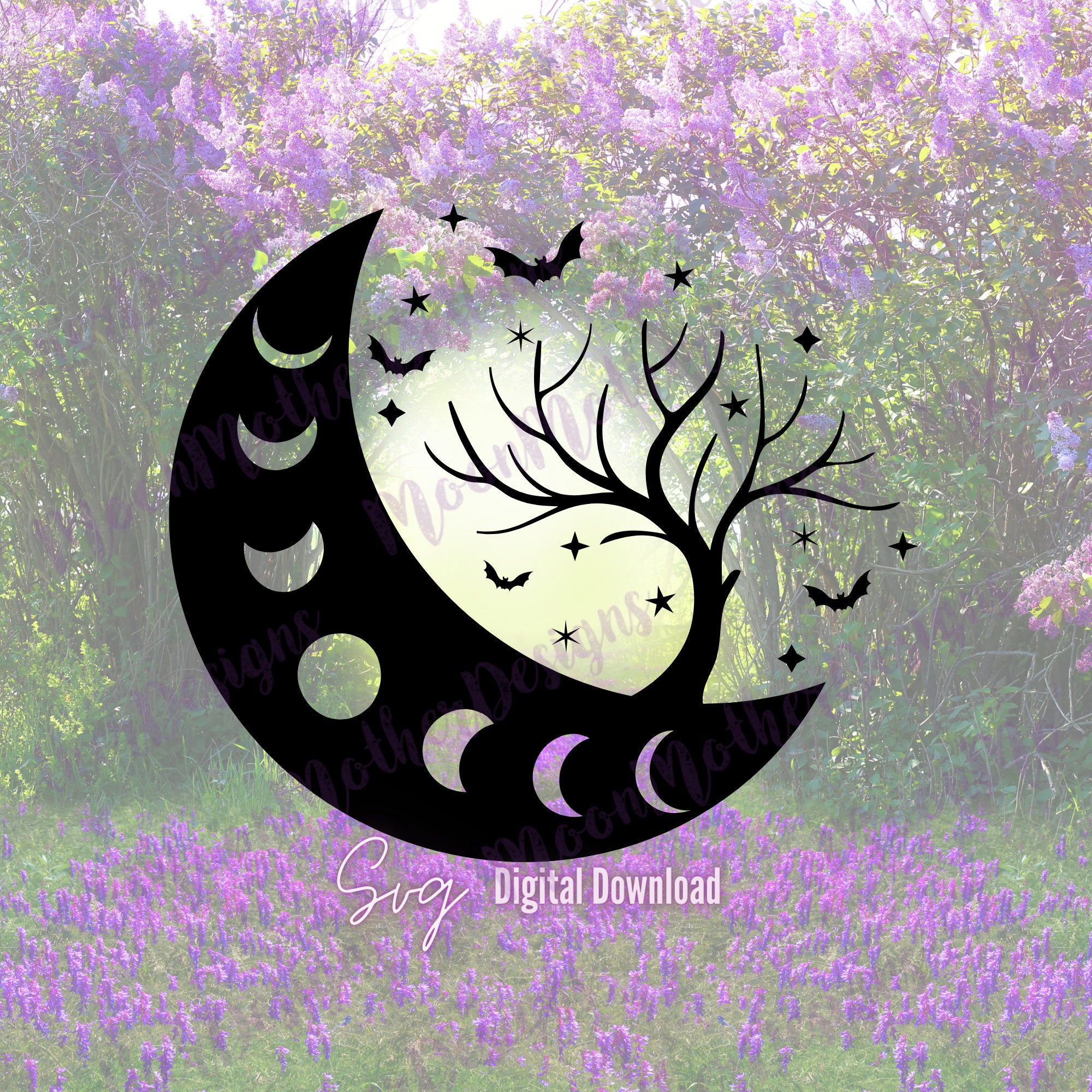Crescent Moon Phase Tree With Bats SVG Digital Download - Etsy