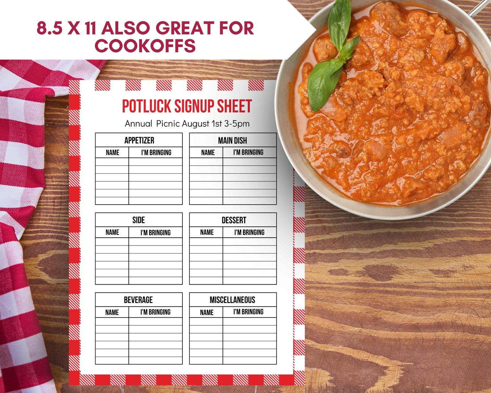 Potluck Signup Sheet Personalized Picnic Food Sign Up Digital