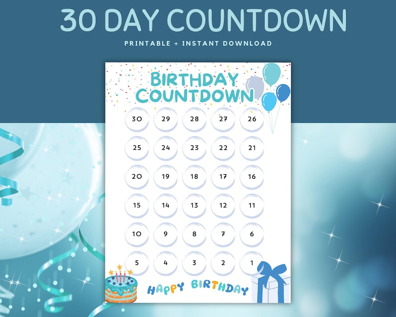 30 Day Countdown Birthday Printable, Instant Download Birthday ...