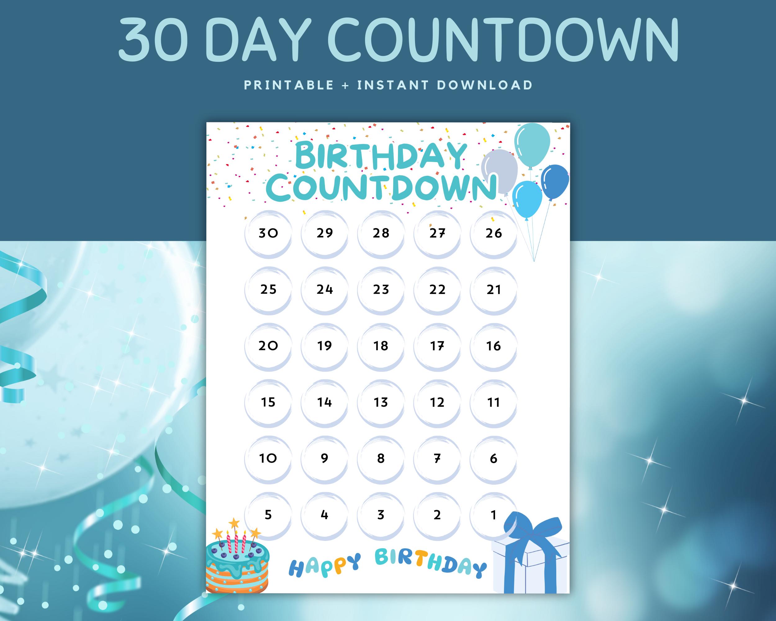 30 Day Countdown Birthday Printable, Instant Download Birthday ...