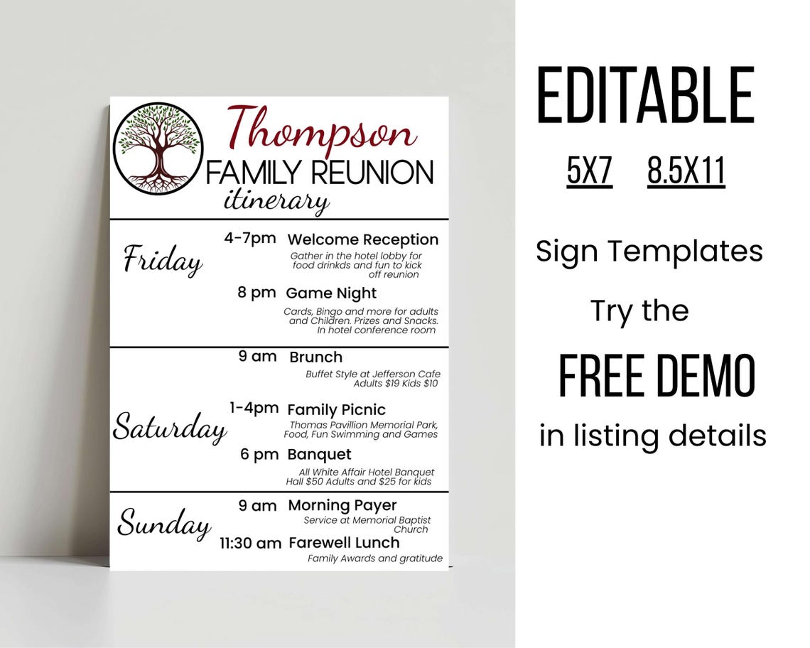 Family Reunion Itinerary Template, Customizable Digital Download, Event ...