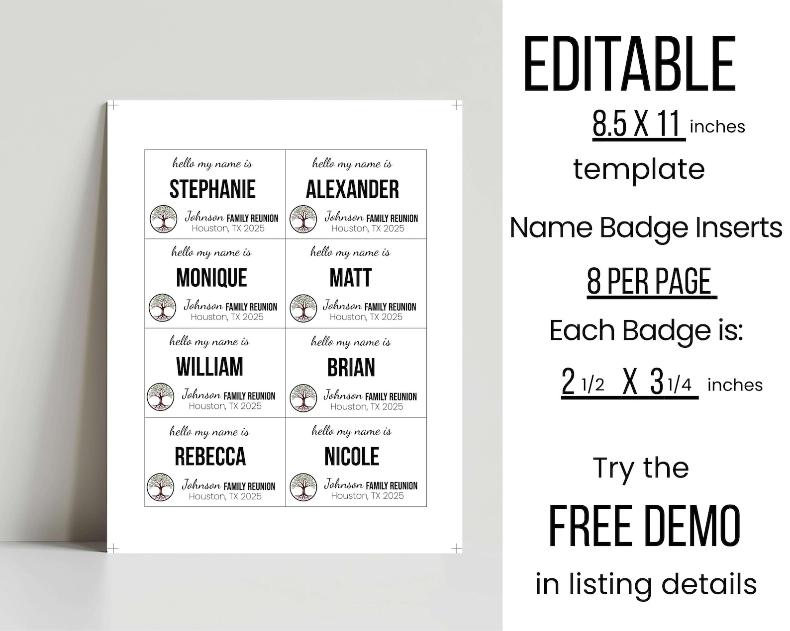 Family Reunion Name Tag Inserts Digital, Printable Reunion Badges, DIY ...