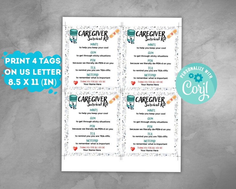 Caregiver Survival Kit Gift Tags Digital Download 3.5x4 Inch Printable ...