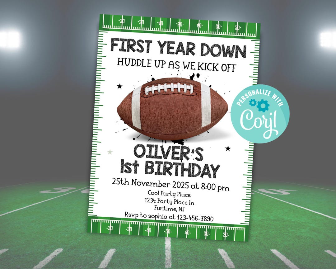 First Year Down Football Invitation, Football Themed 1st Birthday Party ...
