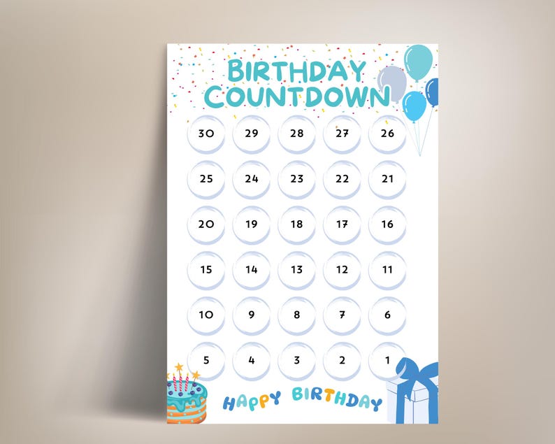 30 Day Countdown Birthday Printable, Instant Download Birthday ...