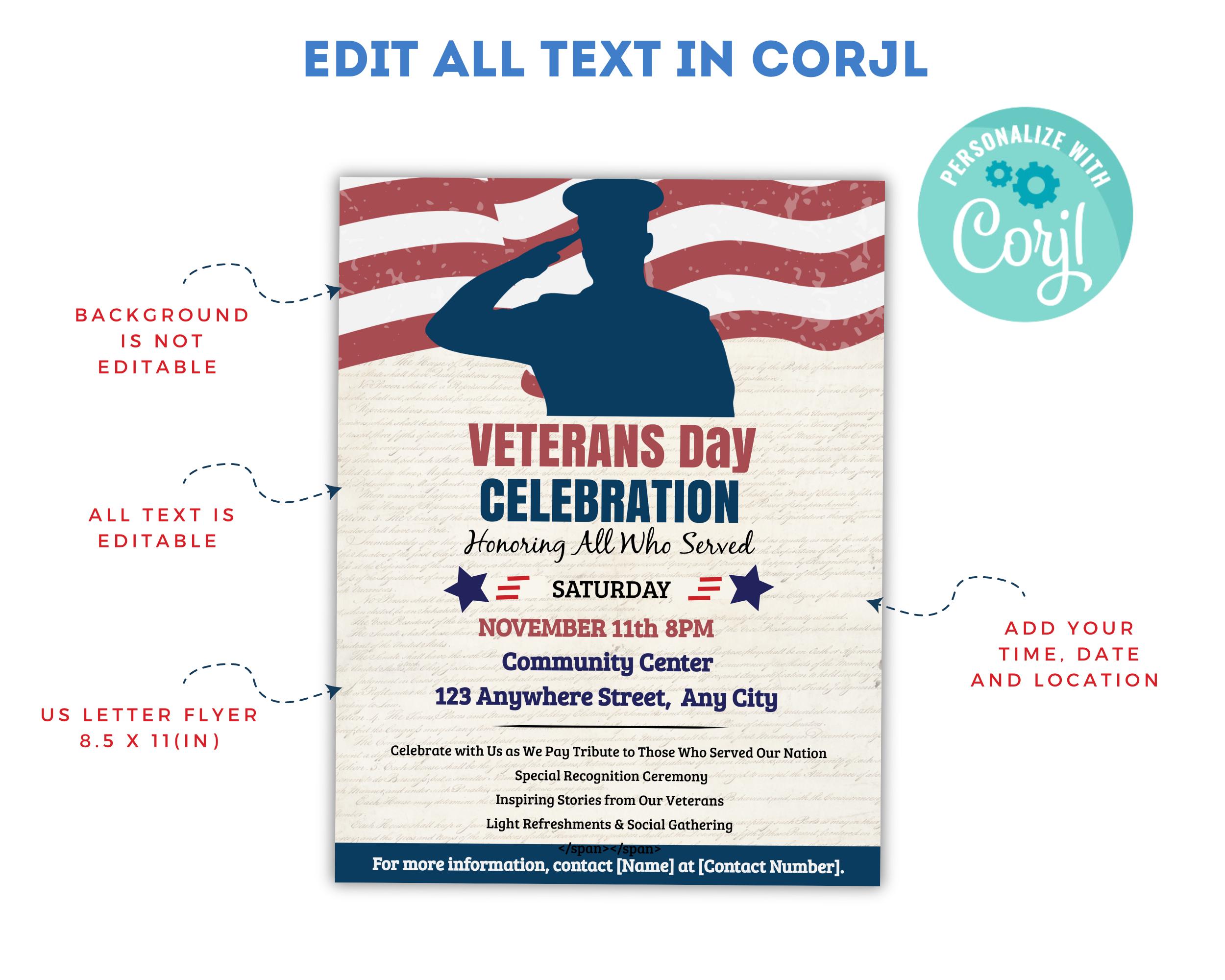 Veterans Day Flyer for School, PTA, PTO, Church or Nursing Home ...