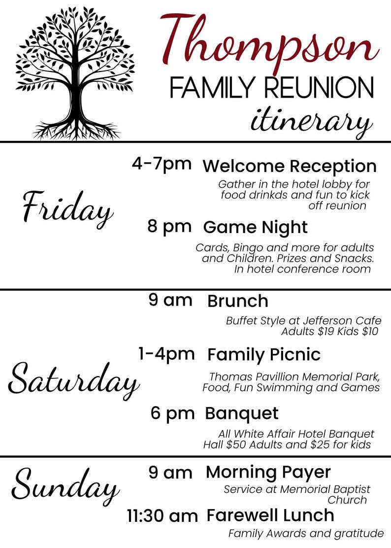Family Reunion Itinerary Template , Flyer Digital, Editable Reunion ...