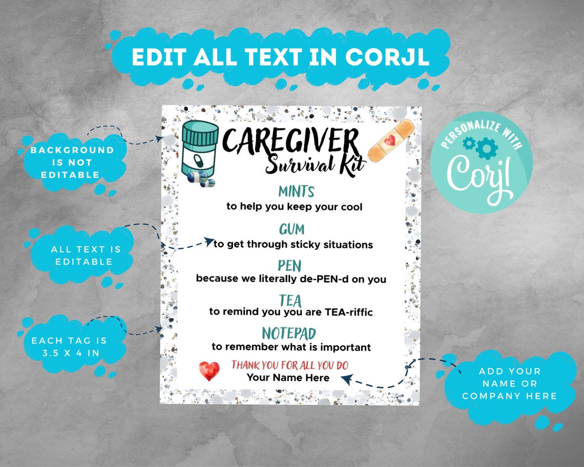 Caregiver Survival Kit Gift Tags Digital Download 3.5x4 Inch Printable ...
