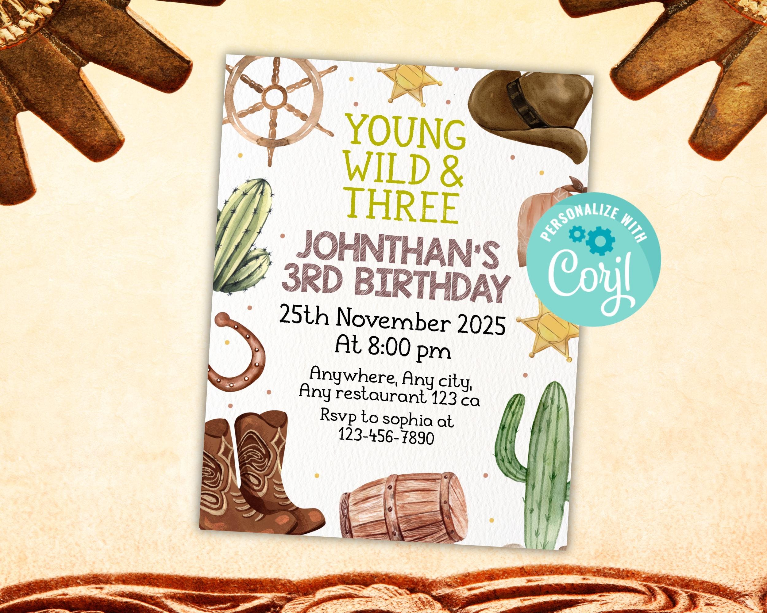 Cowboy Young Wild Three Birthday Invitation Kids Western Party Theme ...