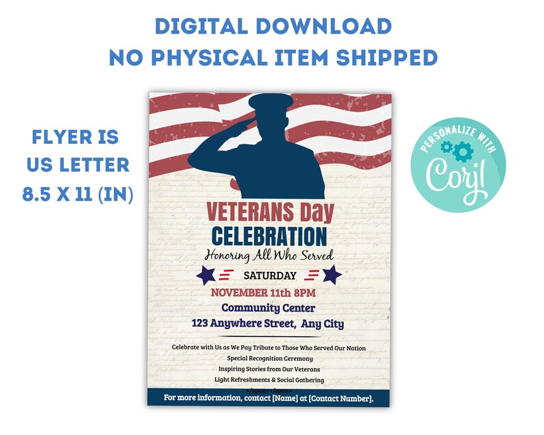 Veterans Day Flyer for School, PTA, PTO, Church or Nursing Home ...