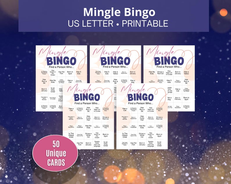 Mingle Bingo Game Printable, US Letter Size, 50 Unique Cards, Fun Party ...