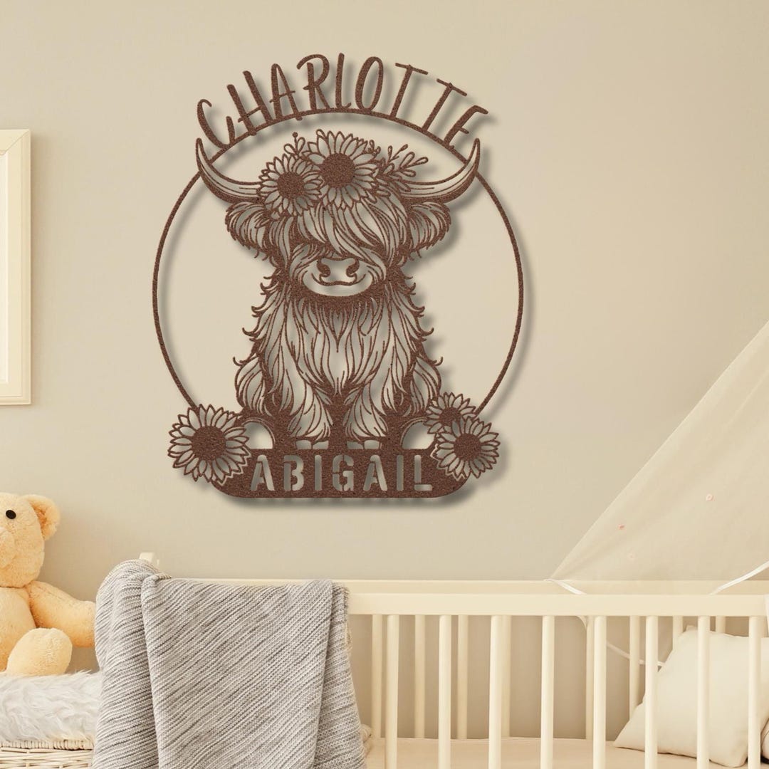 Highland Cow Baby Girl, Custom Name Sign, Sunflower, Nursery Name Sign ...