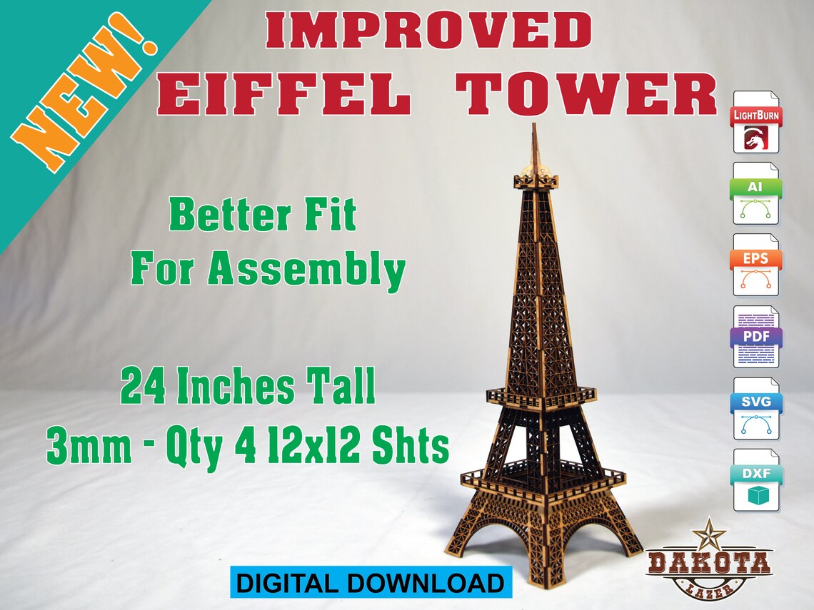 Improved Eiffel Tower in 2 Sizes lightburn Dxf Eps Svg Pdf Ai - Etsy