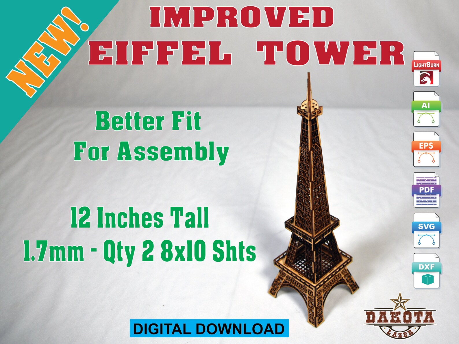 Improved Eiffel Tower in 2 Sizes lightburn Dxf Eps Svg Pdf Ai - Etsy
