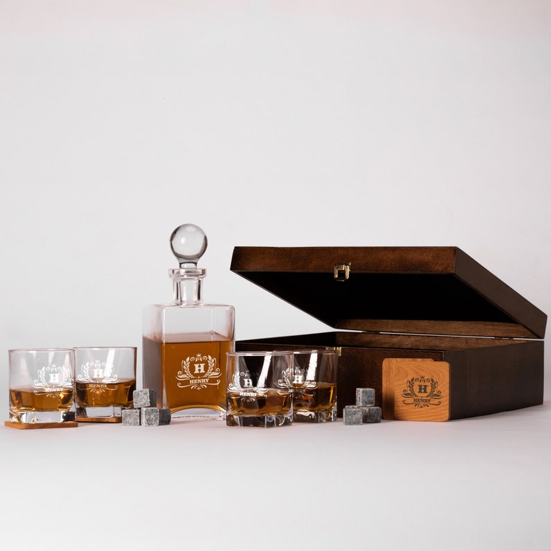 Personalized Whiskey Decanter Set With Wood Box, Whiskey Glasses ...