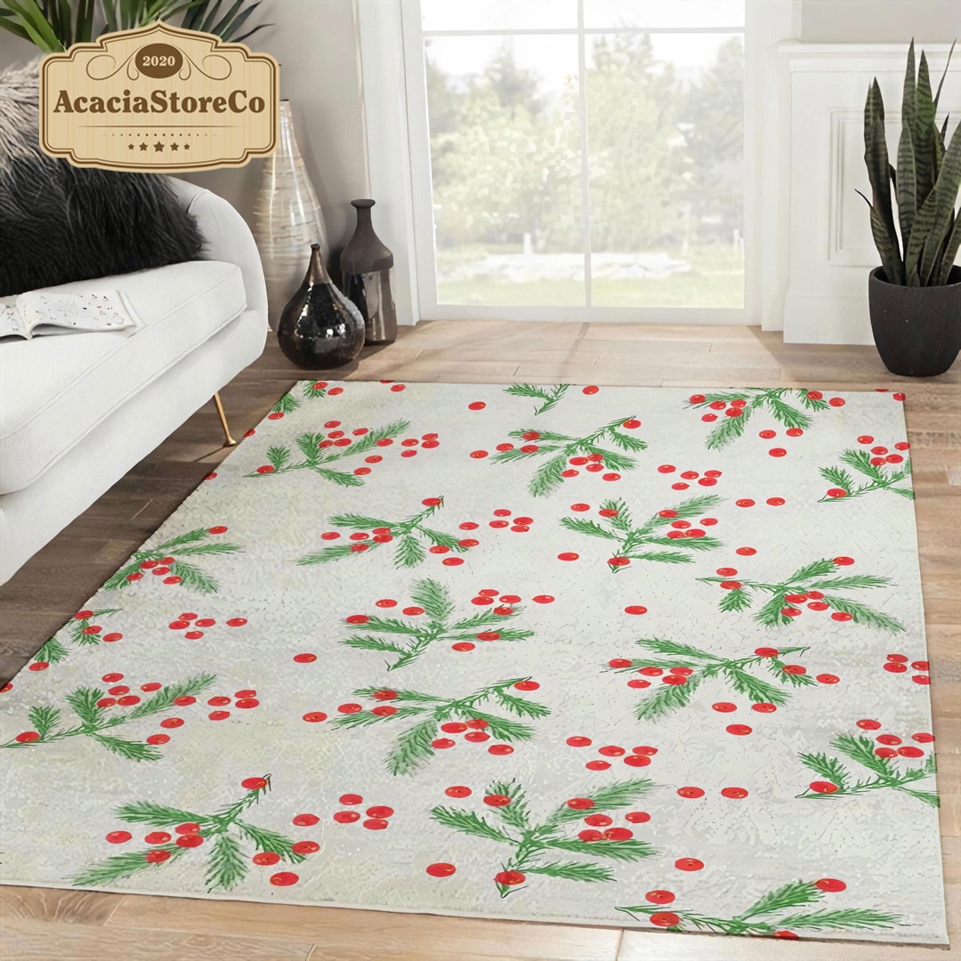 Christmas Holly Pattern Rectangle Rug, Merry Christmas Area Rug ...