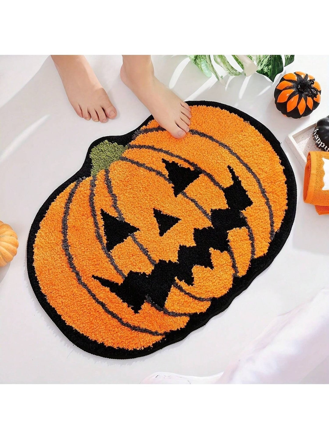 Halloween Pumpkin Bath Mat, Washable Non-slip Polyester Knit Oval ...