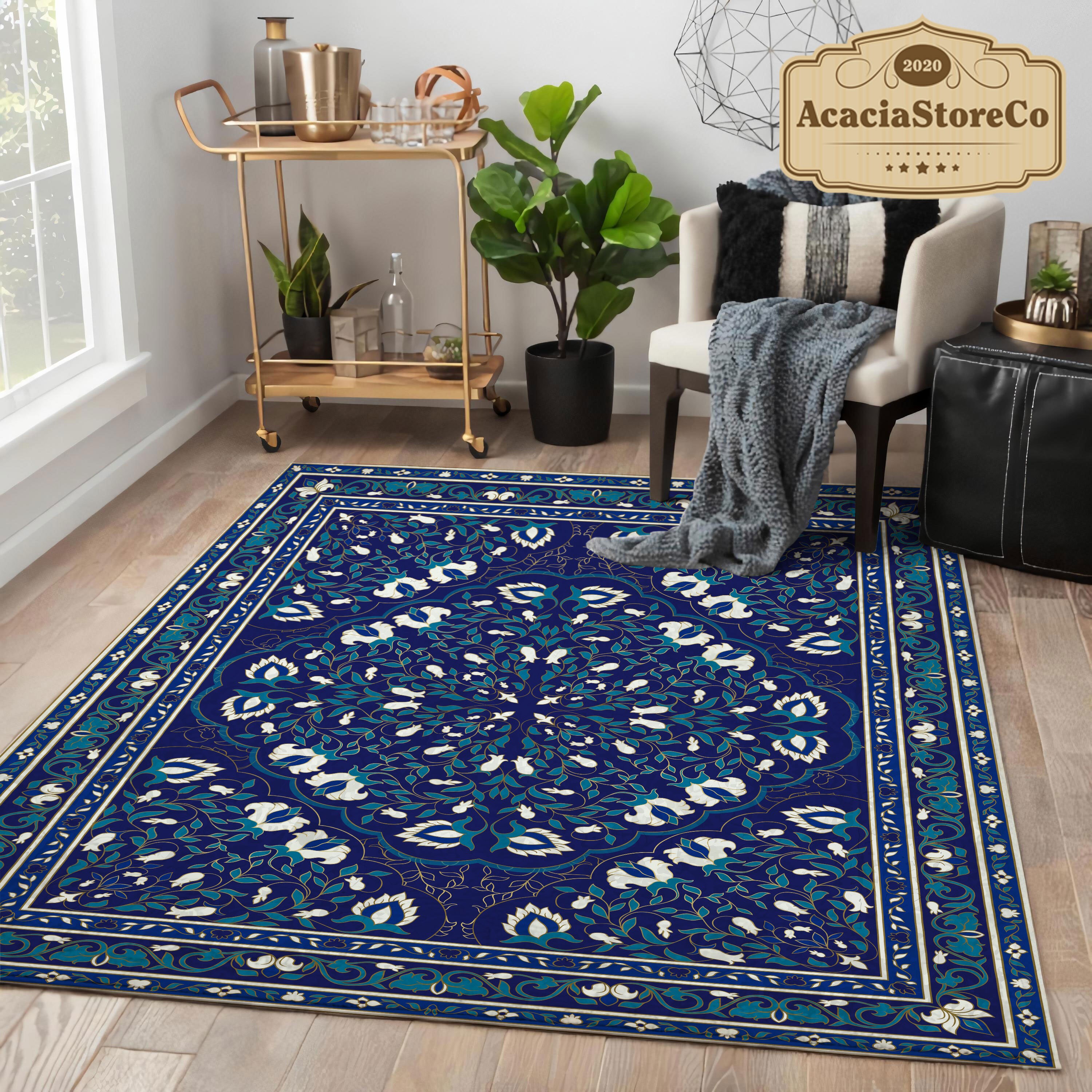 Blue Floral Pattern Area Rectangle Rug, Blue Floral Pattern Carpet ...