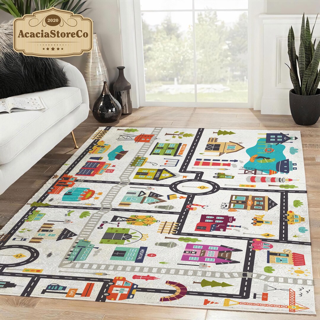 My City Map With Roads Cars Buildings for Kids Area Rug, Nursery ...