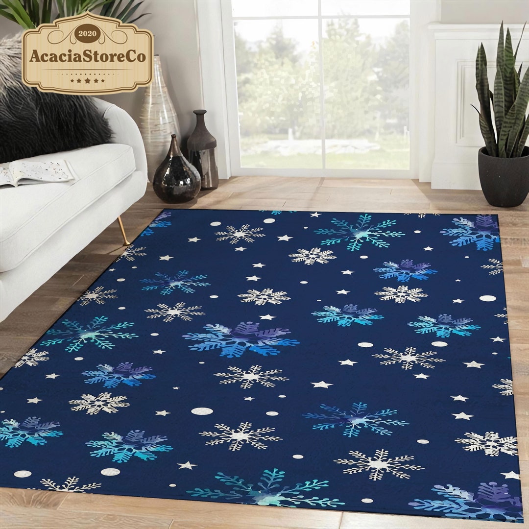 Blue Snowflake Christmas Rug, Snowflake Area Rug, Christmas Rectangle ...