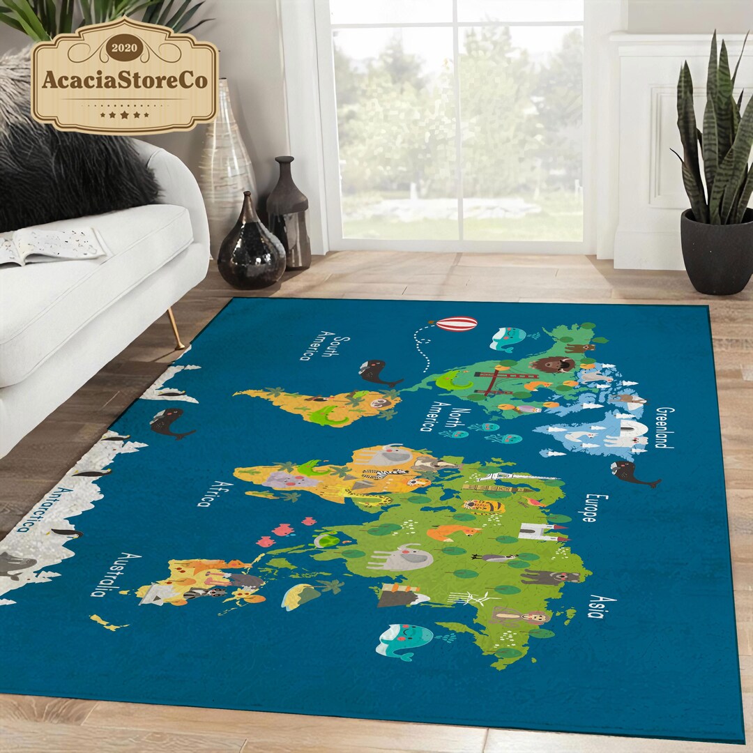 World Map Rectangle Rug, World Map for Kids Area Rug, Nursery Decor ...