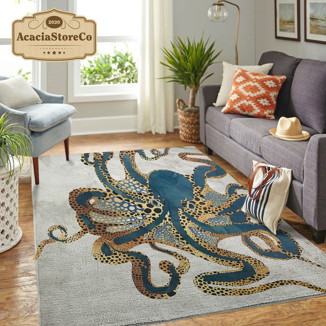 Octopus Ocean Area Rug, Octopus Ocean Carpet, Rugs for Living Room ...