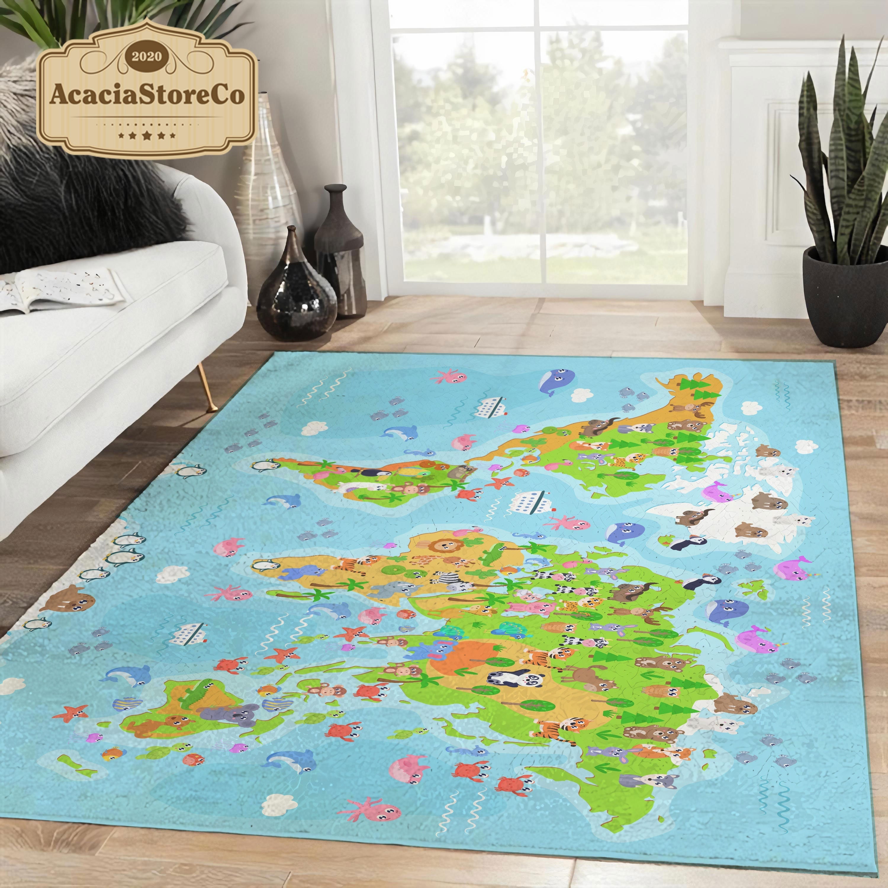 World Map With Animals for Kids Area Rug, Nursery Rectangle Rug, Kids ...