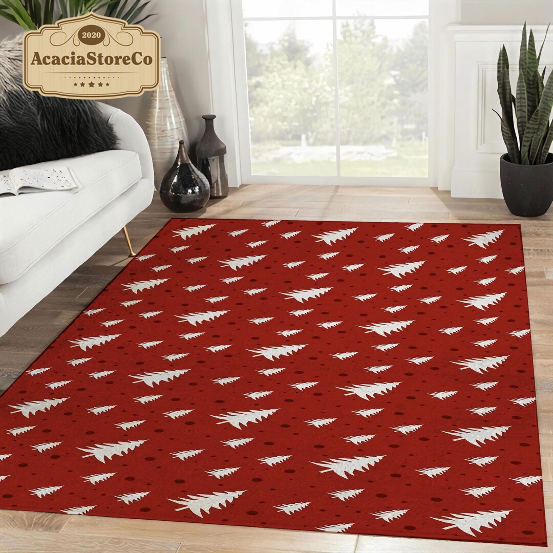 Red Christmas Tree Pattern Area Rug, Christmas Rug, Christmas Decor ...