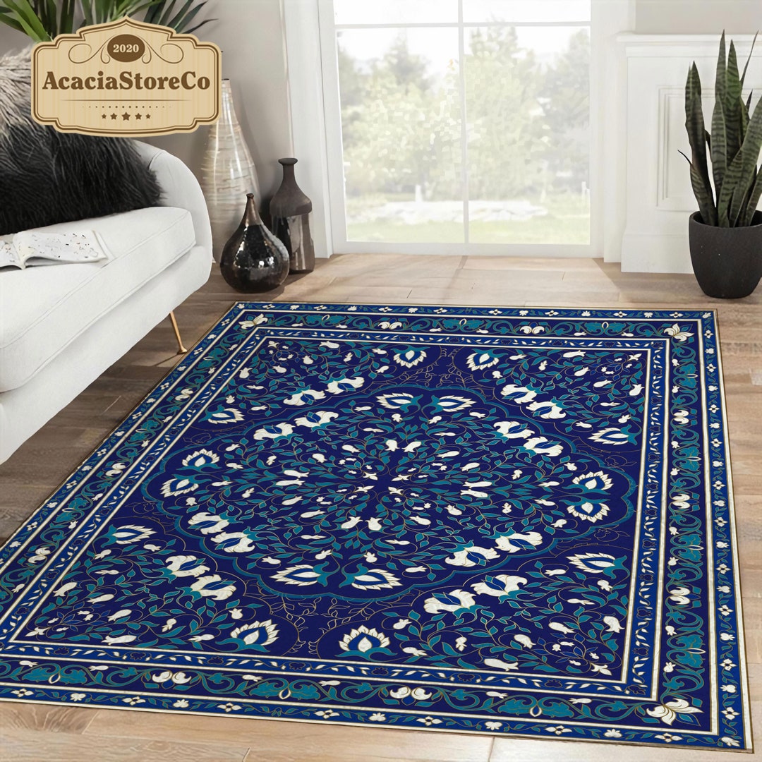 Blue Floral Pattern Area Rectangle Rug, Blue Floral Pattern Carpet ...
