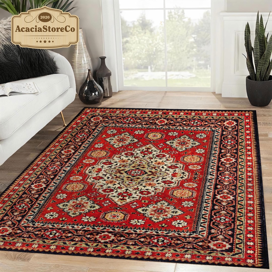 Old Red Persian Area Rug, Retro Red Persian Rectangle Rug, Large ...