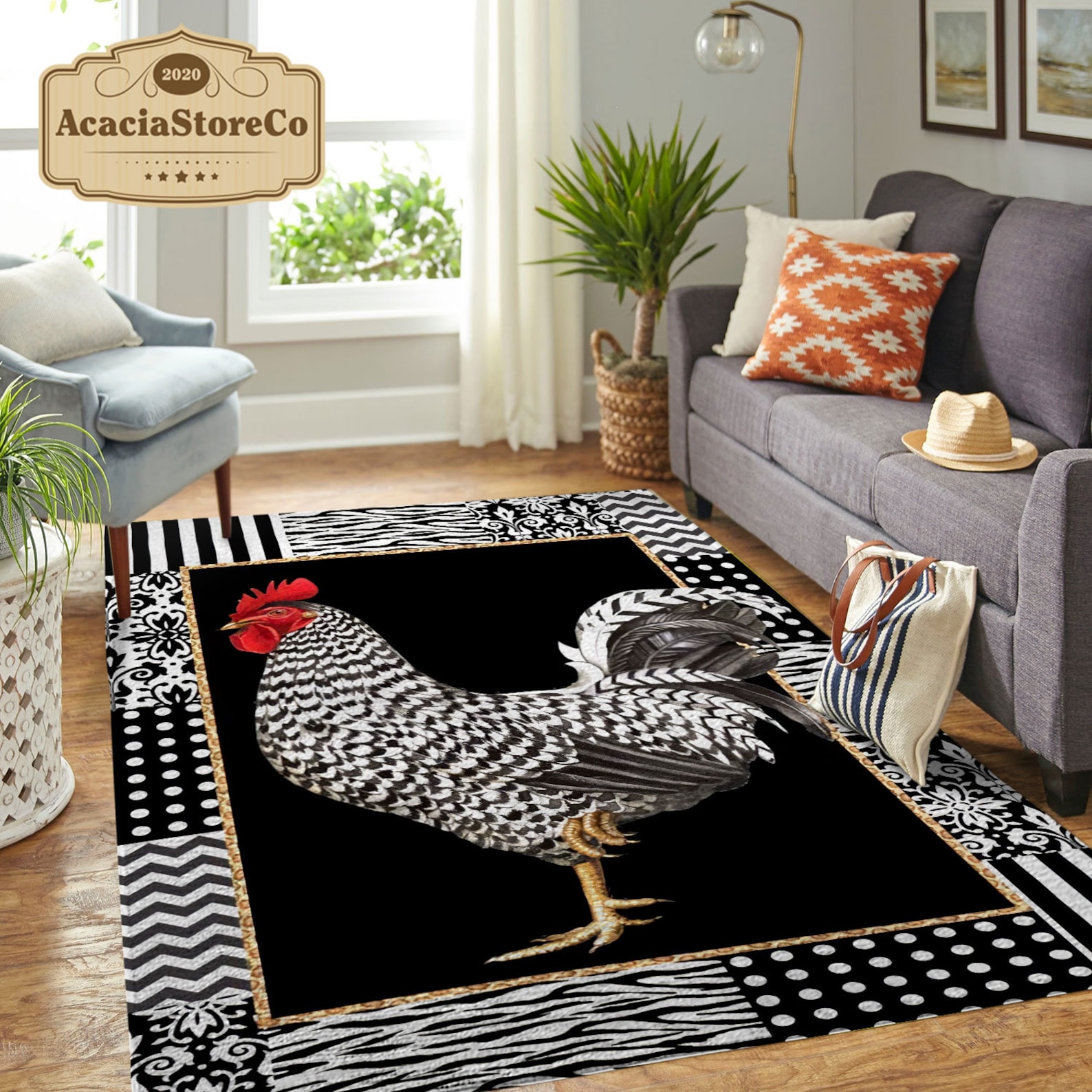 Black and White Red Rooster Area Rug Rooster Carpet Large - Etsy