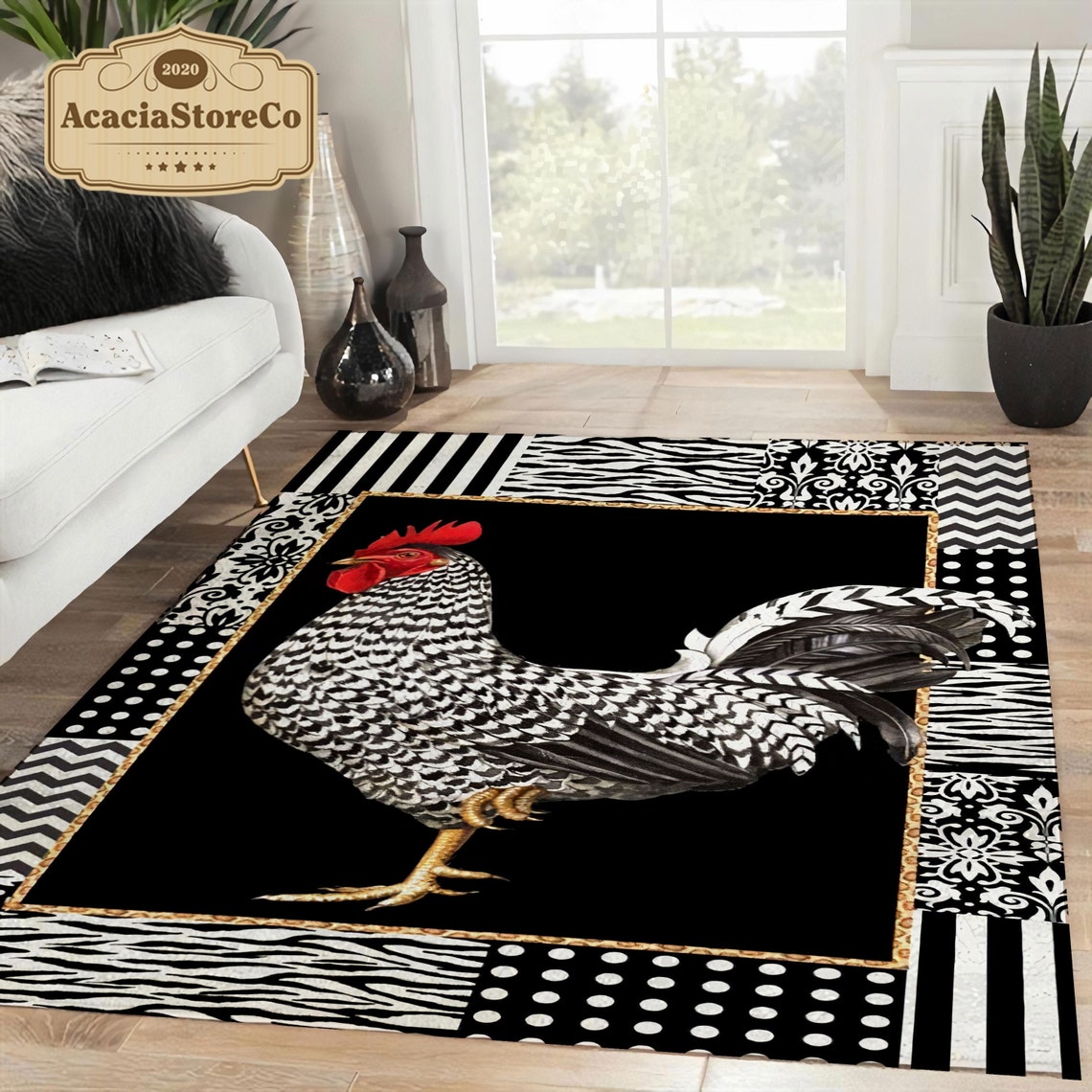 Black and White Red Rooster Area Rug Rooster Carpet Large - Etsy