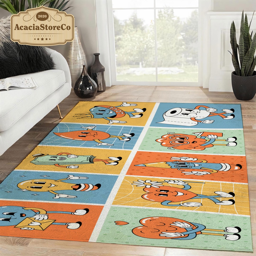 A Set of Funny Happy Cartoon Characters Area Rug, Vintage Rug, Rugs for ...