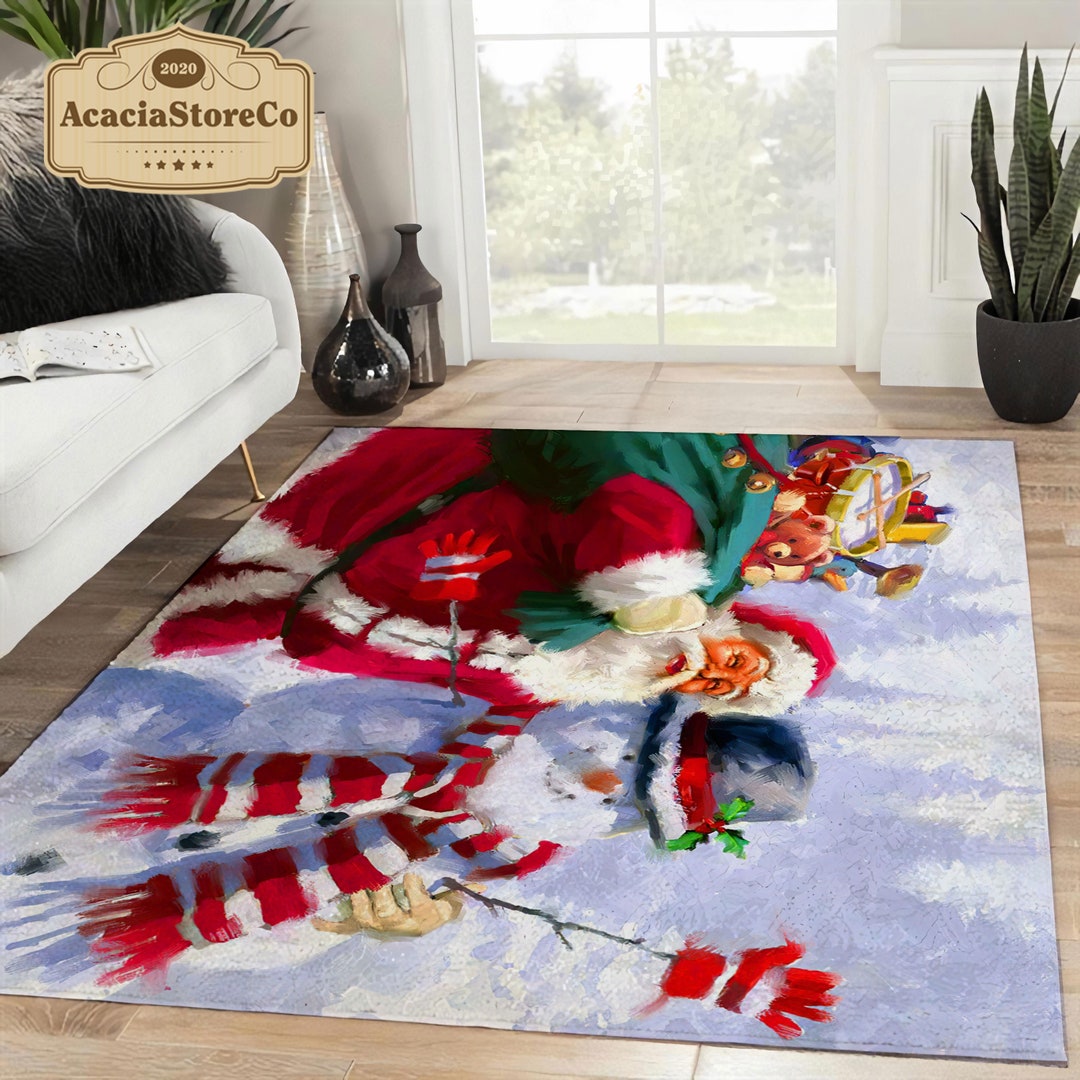 Christmas Santa Claus and Snowman Area Rug, Christmas Rectangle Rug ...
